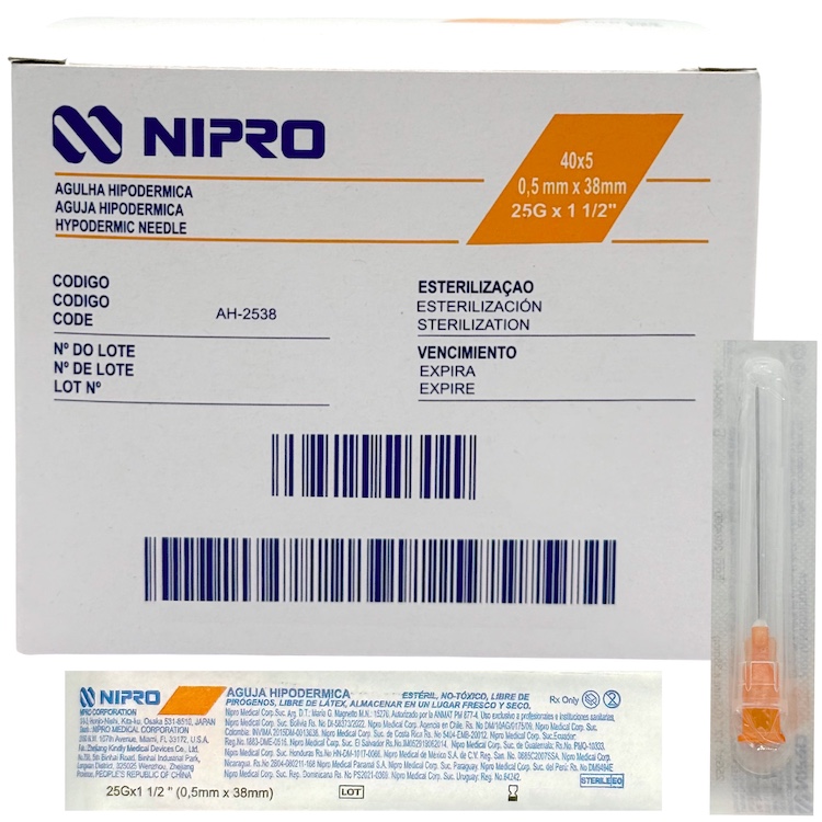 Aguja Hipodérmica 25G x 38mm (1 1/2”) Naranja NIPRO Caja con 100 Piezas | WEB | REGALCOM